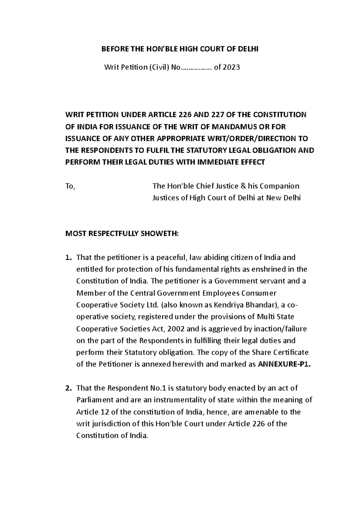 Before THE HON - BEFORE THE HON’BLE HIGH COURT OF DELHI Writ Petition ...