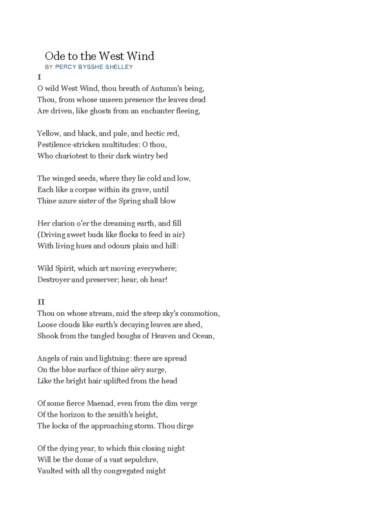 Study Materials on Ode to the West Wind - Ode to the West Wind BY PERCY ...