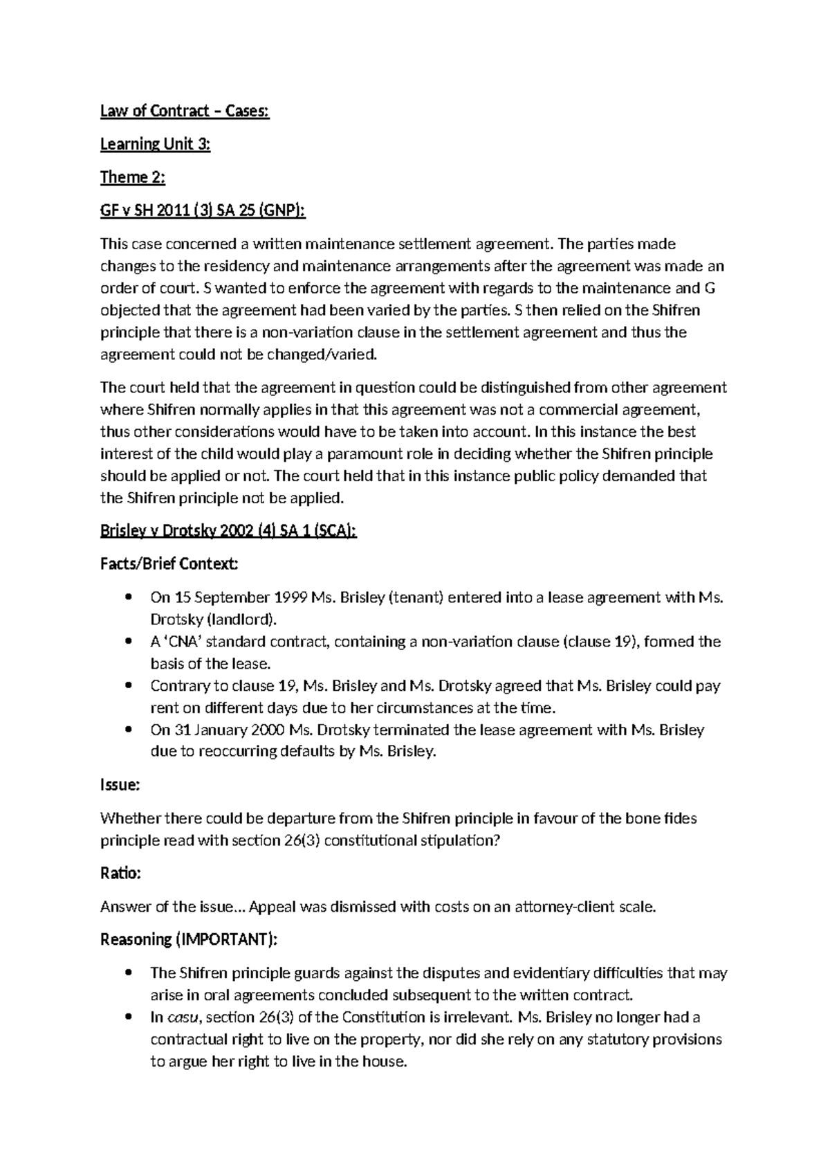 Test- Cases - Summary Family Law - Law of Contract – Cases: Learning ...