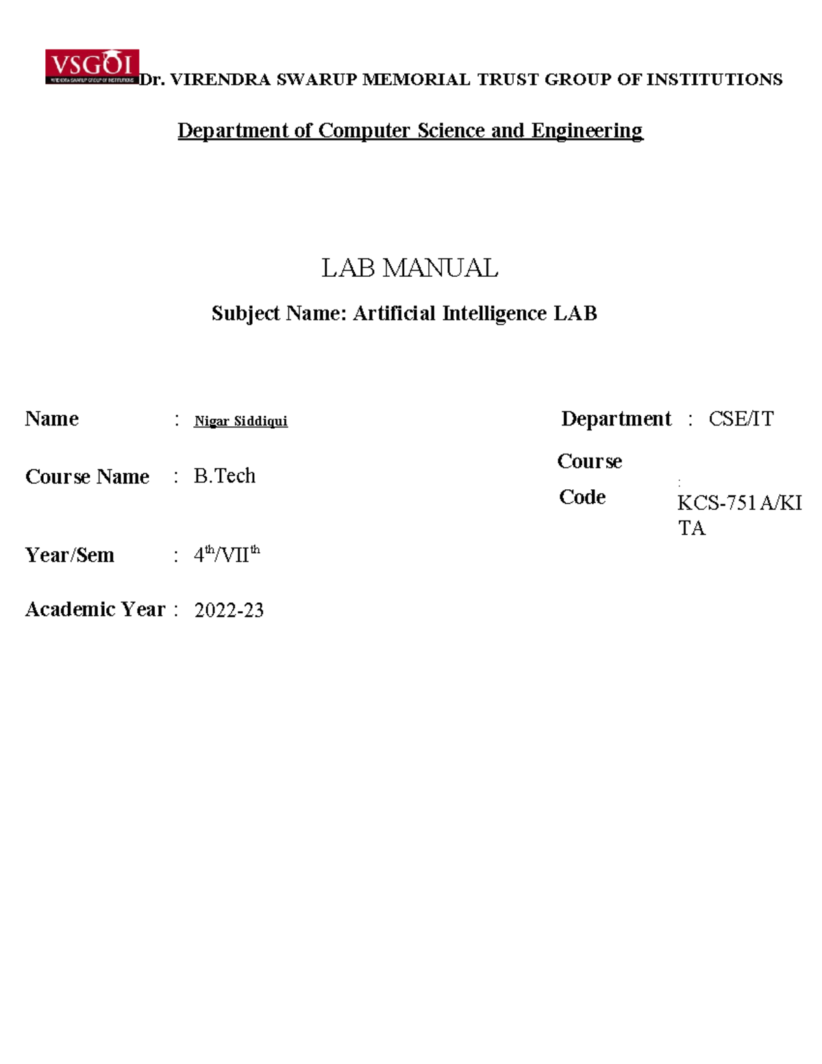 AI LAB Manual-KCS-751 - Department of Computer Science and Engineering LAB MANUAL Subject Name ...