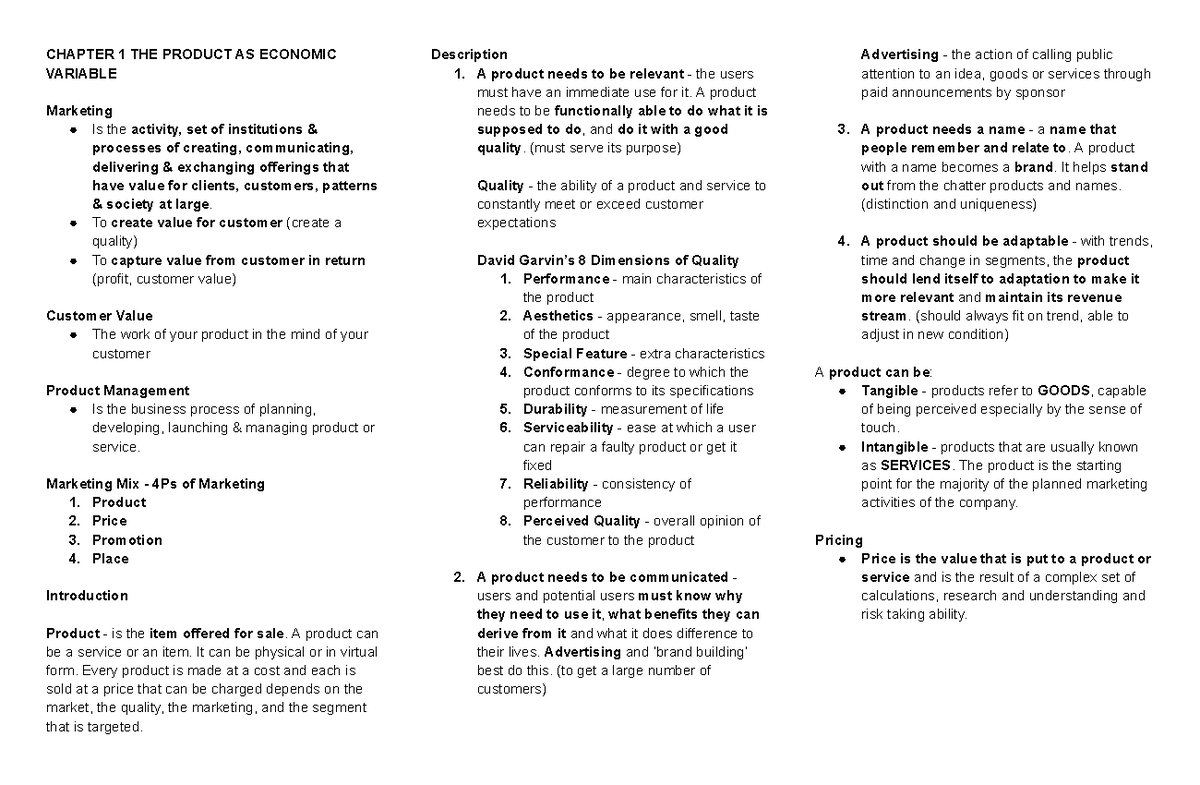 Product Management Reviewer - CHAPTER 1 THE PRODUCT AS ECONOMIC ...