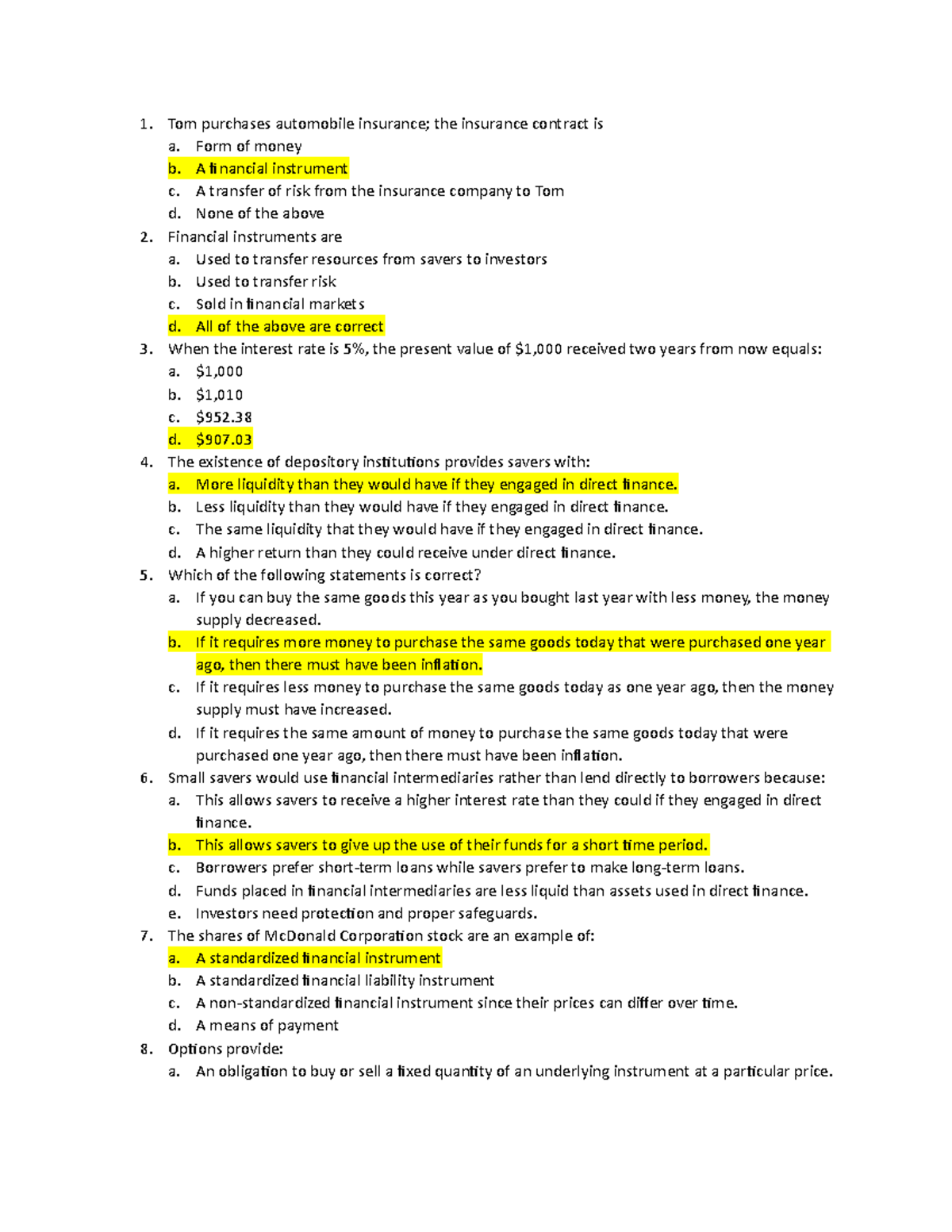 CAED102 - THIS IS PRACTICE TEST FOR FINANCIAL MARKETS - Tom purchases ...