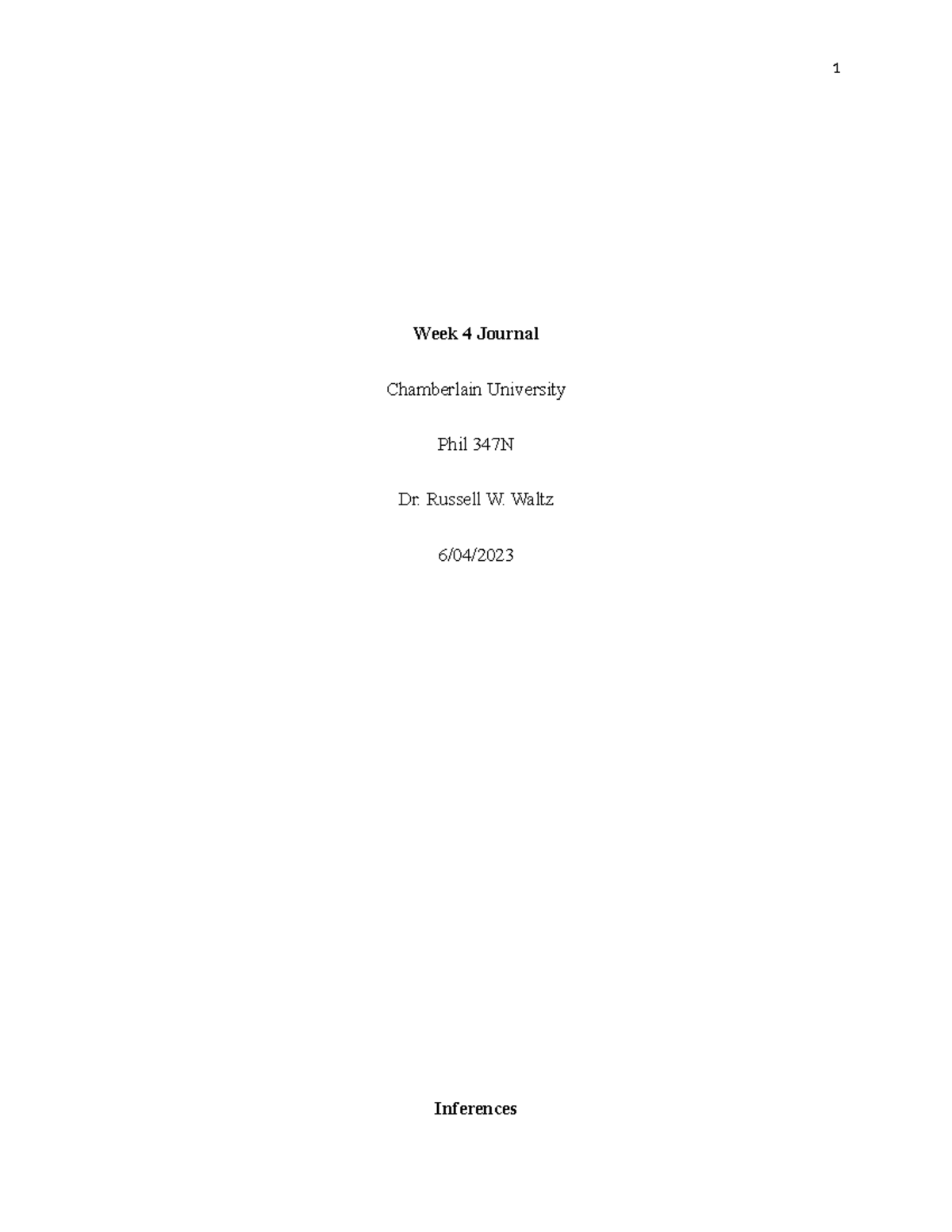 Week 4 Journal - Week 4 Journal Chamberlain University Phil 347N Dr ...