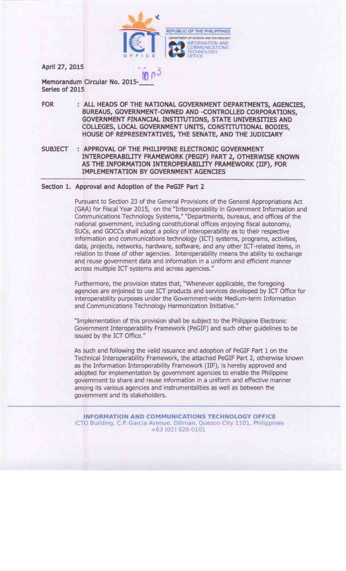 Approval OF THE Philippine Electronic Government Interoperability ...