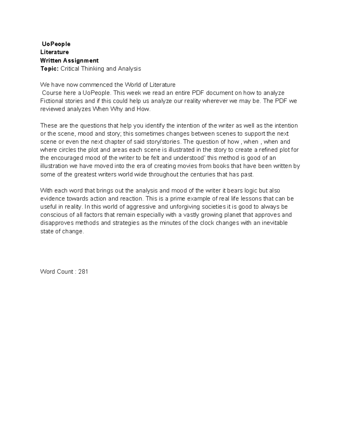 Uo People Literature Learning Journal #1 - UoPeople Literature Written ...