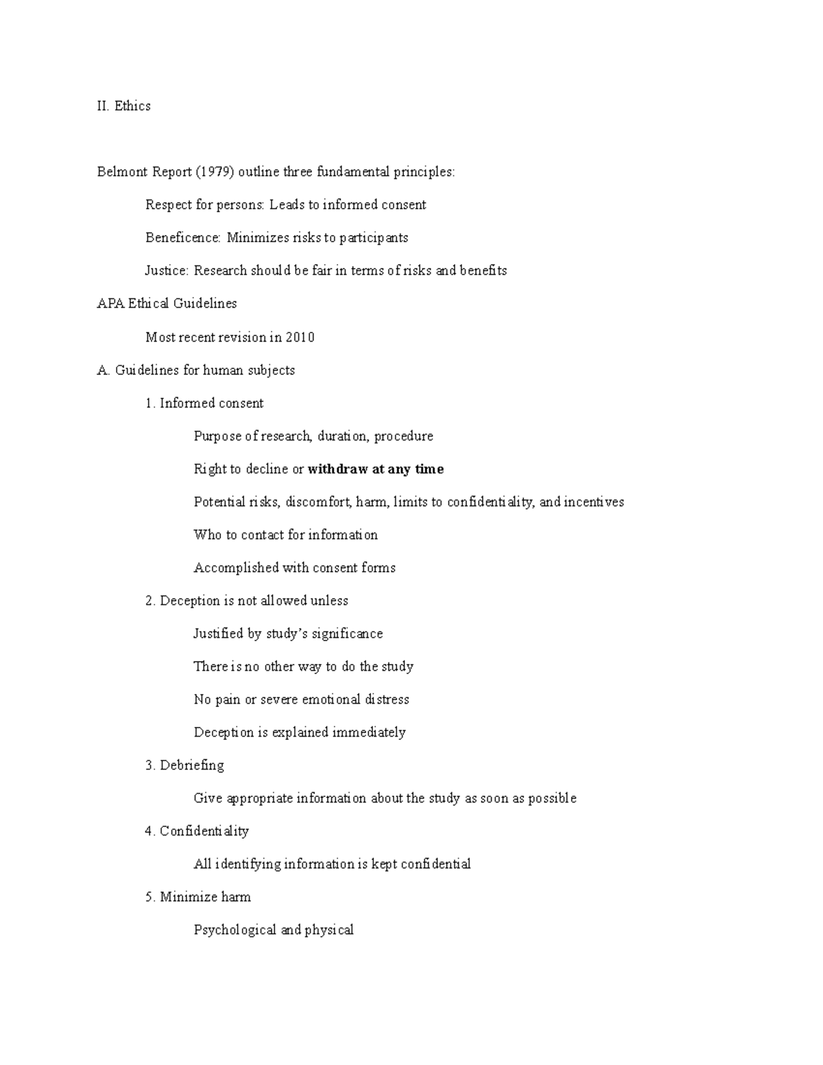 Research ethics outline f18 - II. Ethics Belmont Report (1979) outline ...