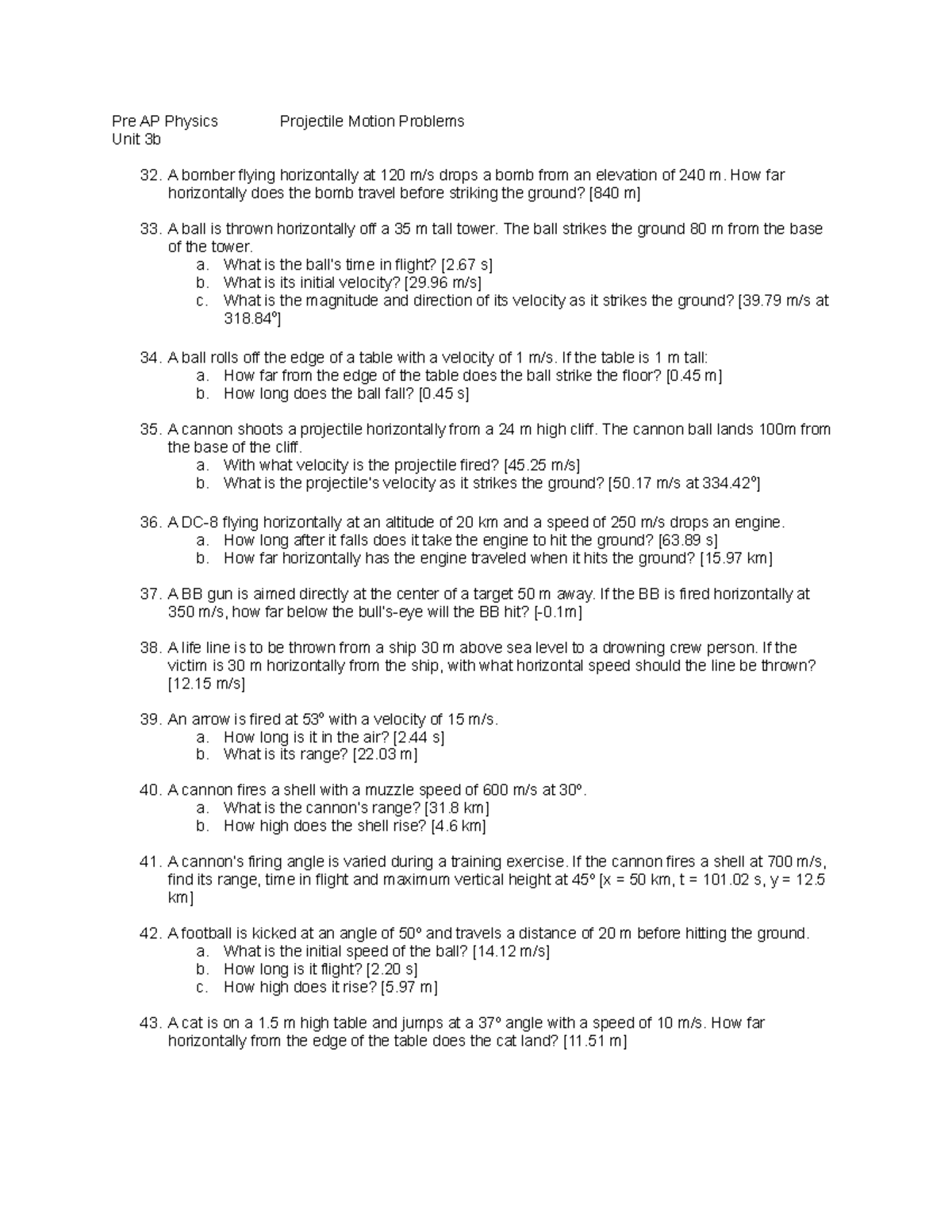 PAP Projectile Motion Problems - Pre AP Physics Projectile Motion ...