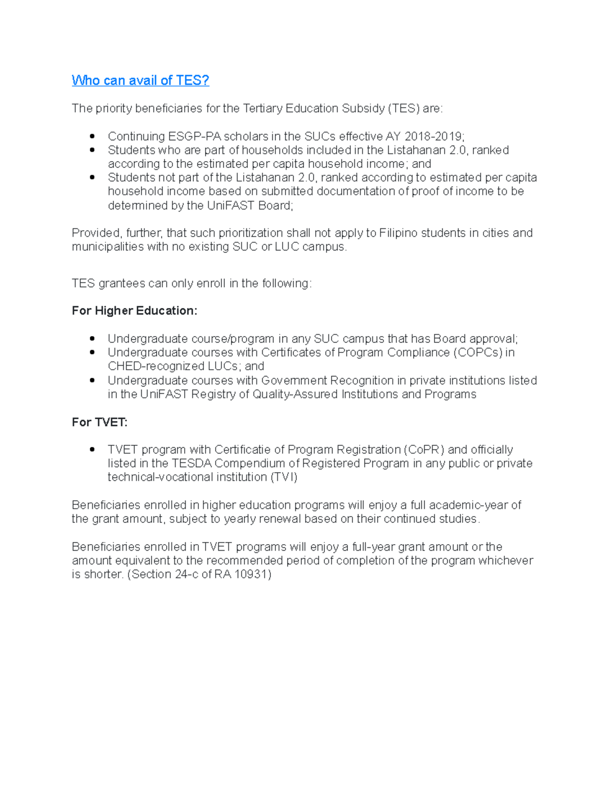 Who can avail of TES - this document can help students to know what is ...