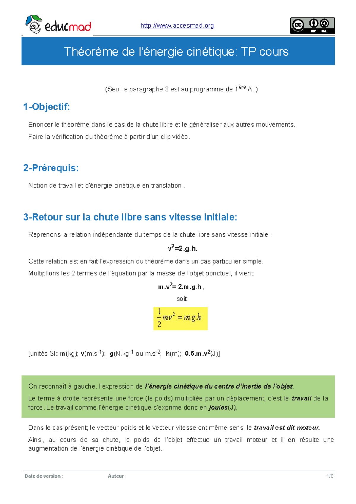 Théorème de l Energie cinétique (TP) - Théorème de l'énergie cinétique: TP cours (Seul le ...