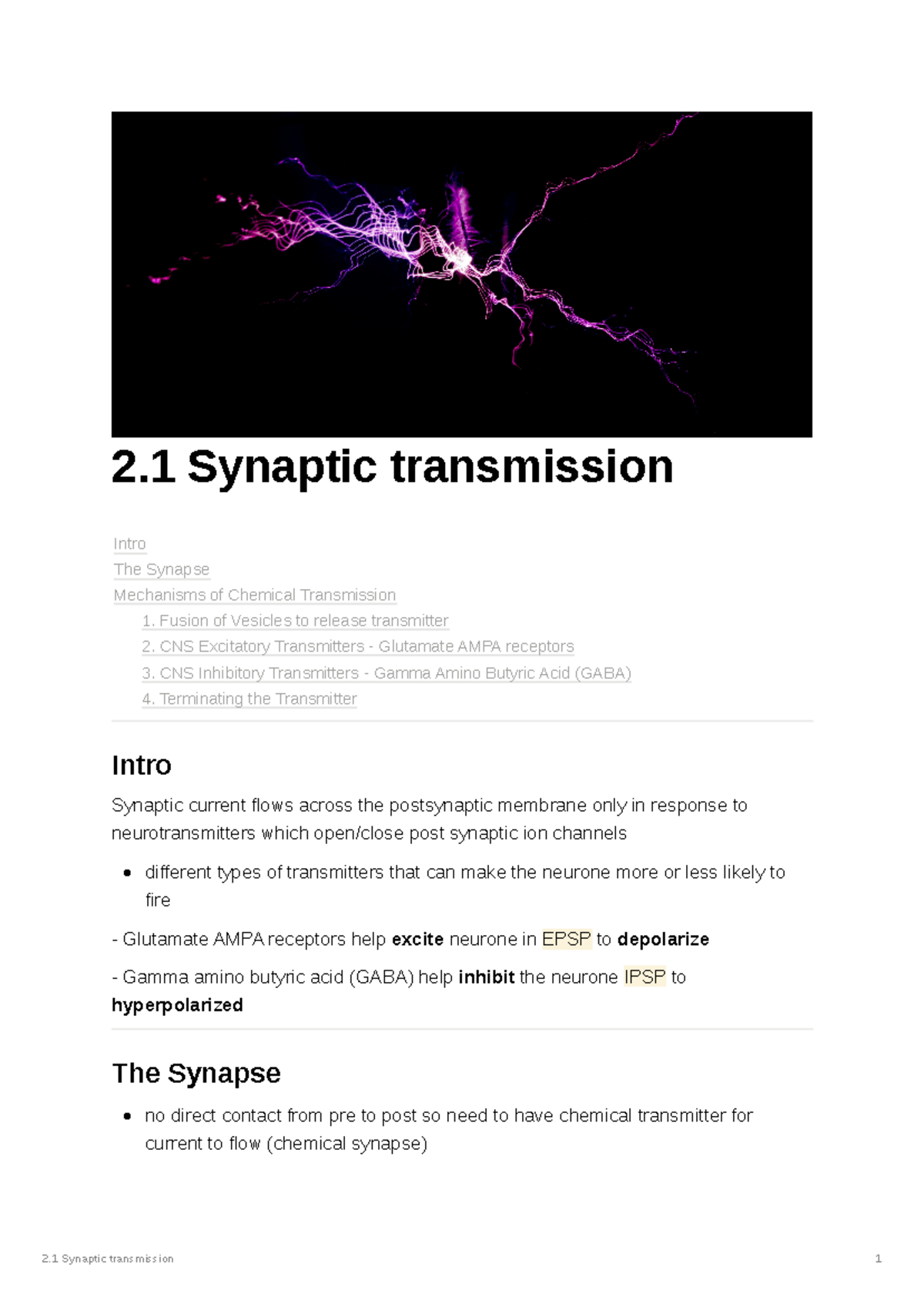 2 1 Synaptic Transmission Lecture Notes 2 Synaptic Transmission Intro Synaptic Current Flows