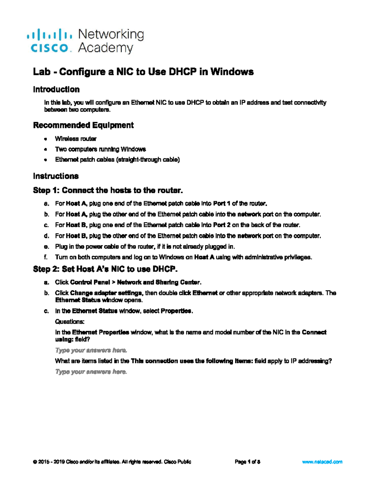 Dhcp - jjhkjh - Networking CISCO Academy Lab Configure a NIC to Use DHCP in Windows Introduction ...