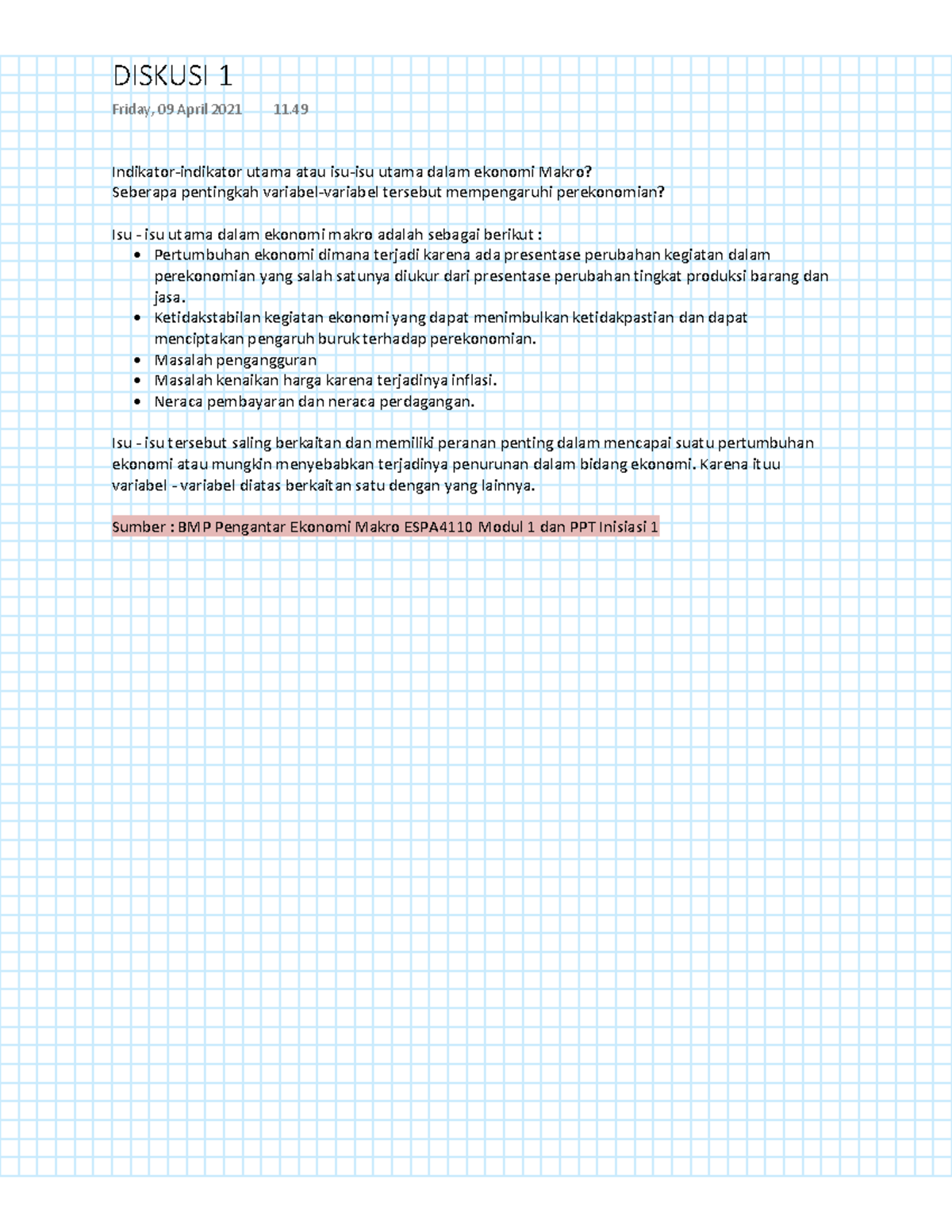 Diskusi 1 ESPA 4110 - disksi 1 - Indikator-indikator utama atau isu-isu utama dalam ekonomi ...