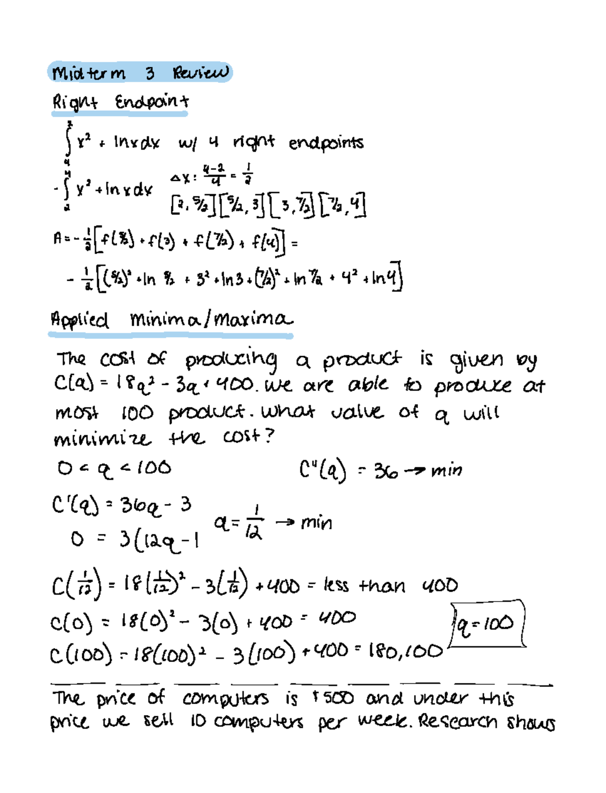 Lecture 35 Midterm 3 Review - Midterm 3 Review Right Endpoint x In x dx w u right endpoints x In ...