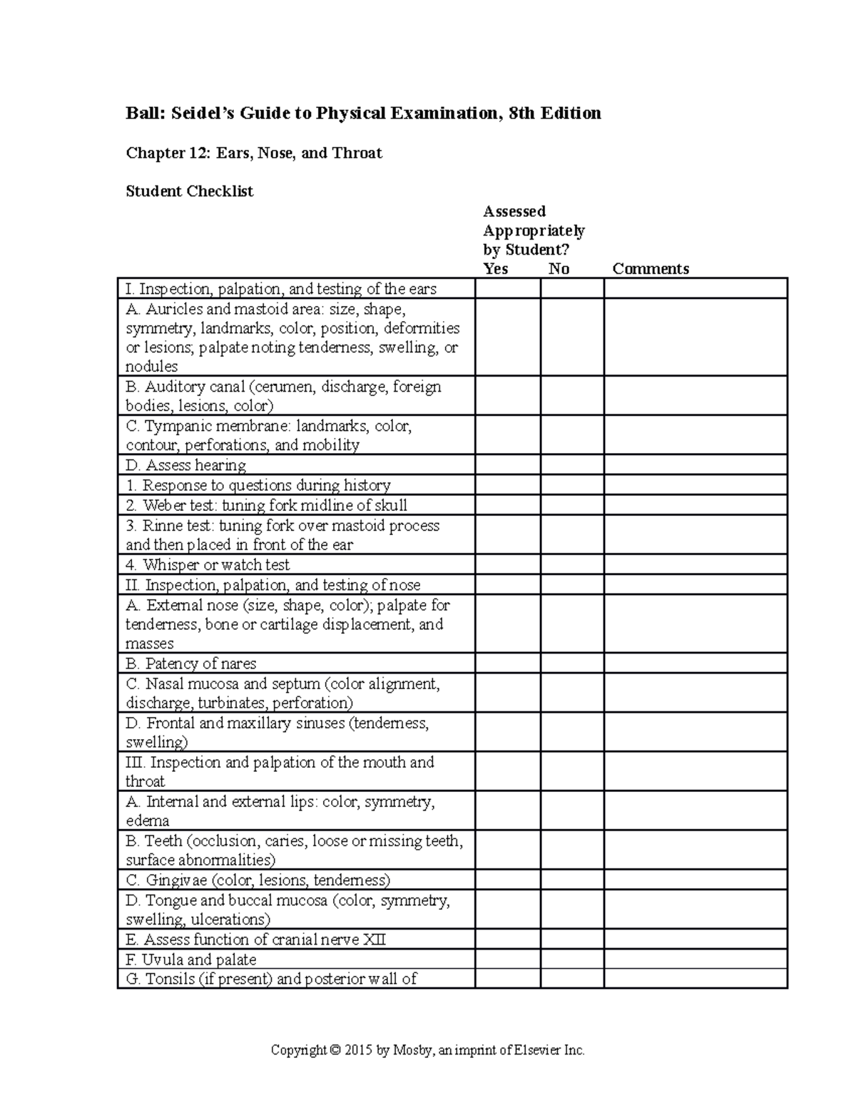 Week 5 Ears Nose Throat Student Checklist - Ball: Seidel’s Guide to ...