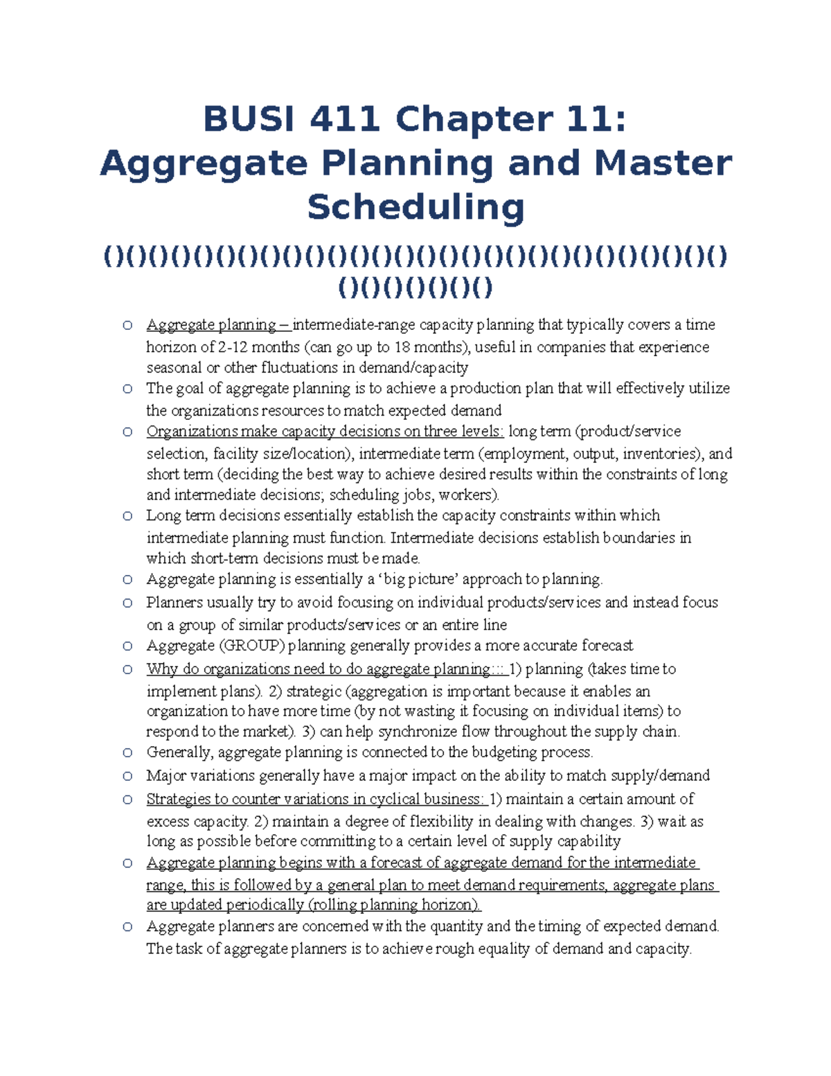 Chapter 11 aggregate planning and master scheduling - BUSI 411 Chapter ...
