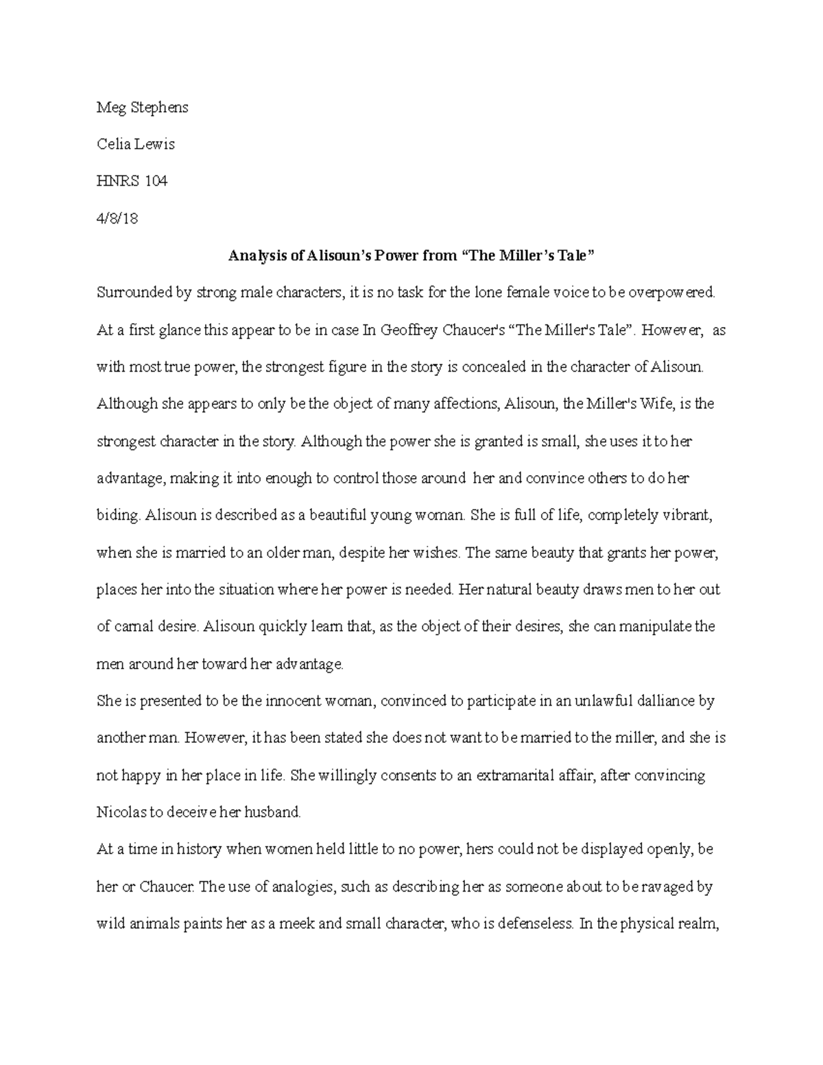 Meg Stephens - Paper of The Miller's Tale. Taught by Celia Lewis - Meg ...