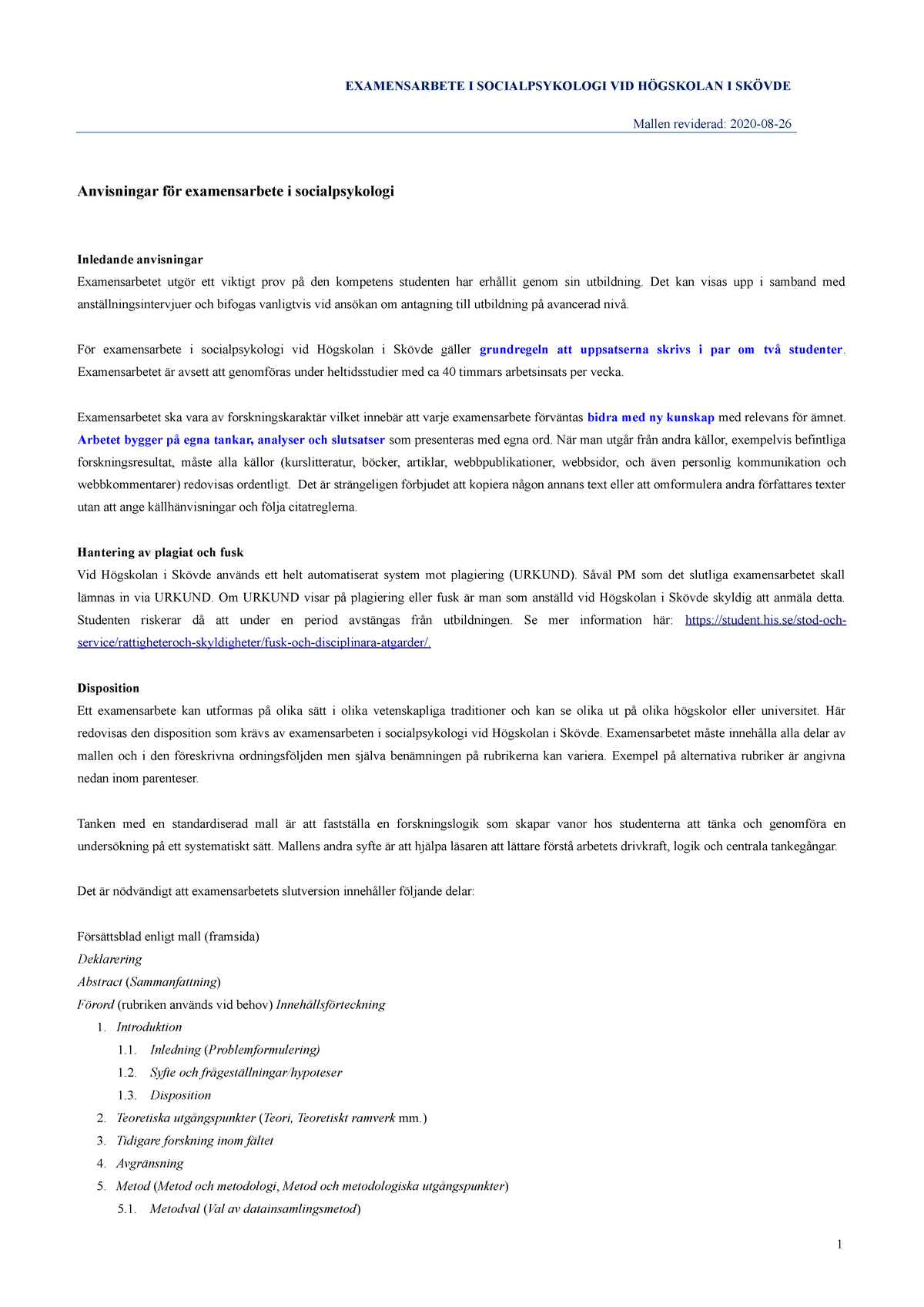 Anvisningar för examensarbete i socialpsykologi - EXAMENSARBETE I ...