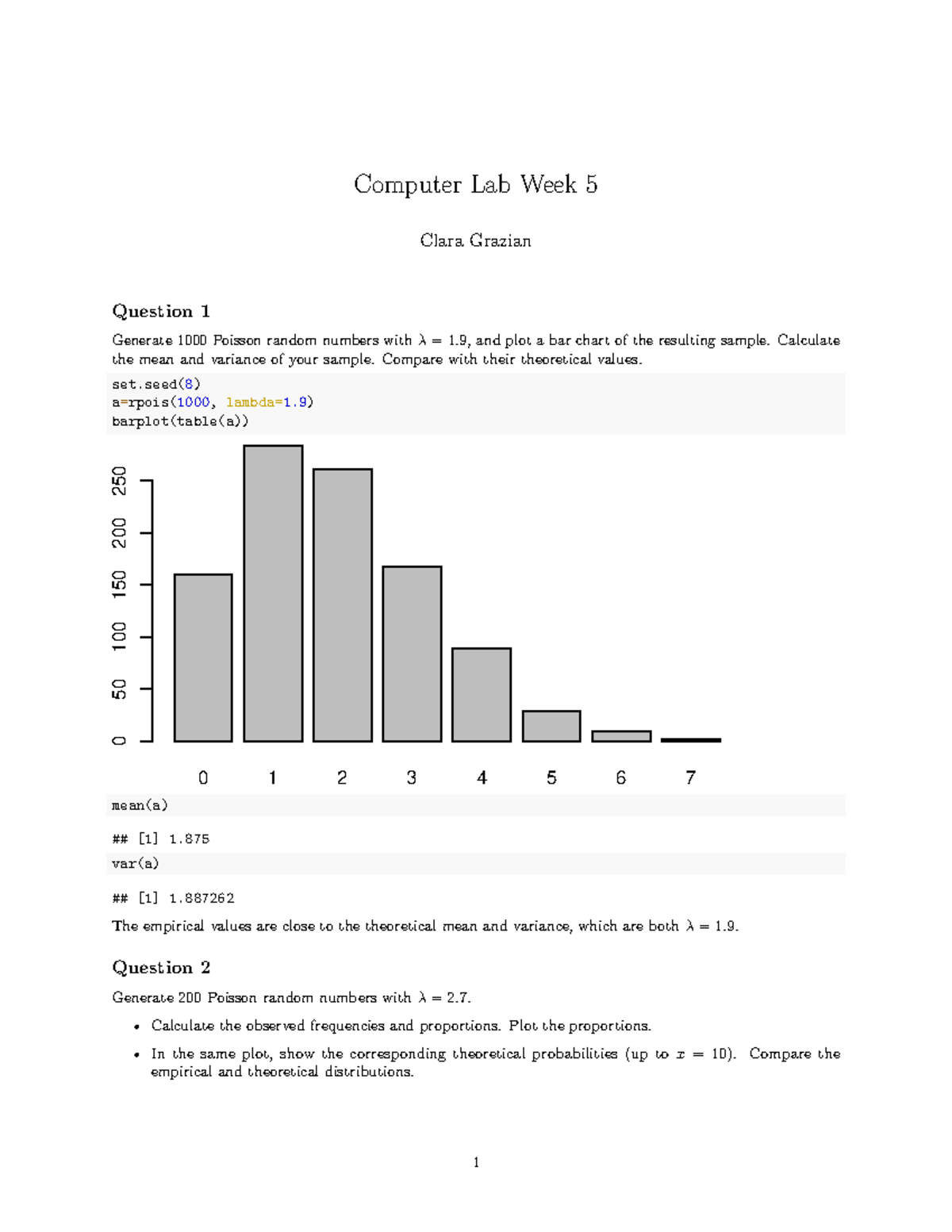 Comp05sol - 1good to use - Computer Lab Week 5 Clara Grazian Question 1 Generate 1000 Poisson ...