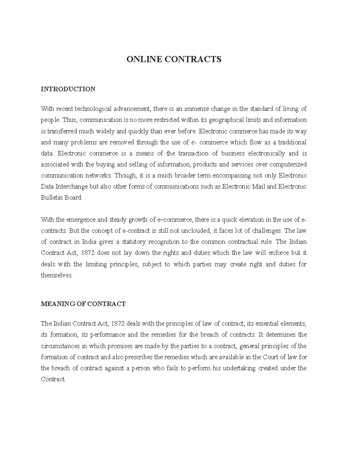 Online Contracts - ONLINE CONTRACTS INTRODUCTION With recent ...
