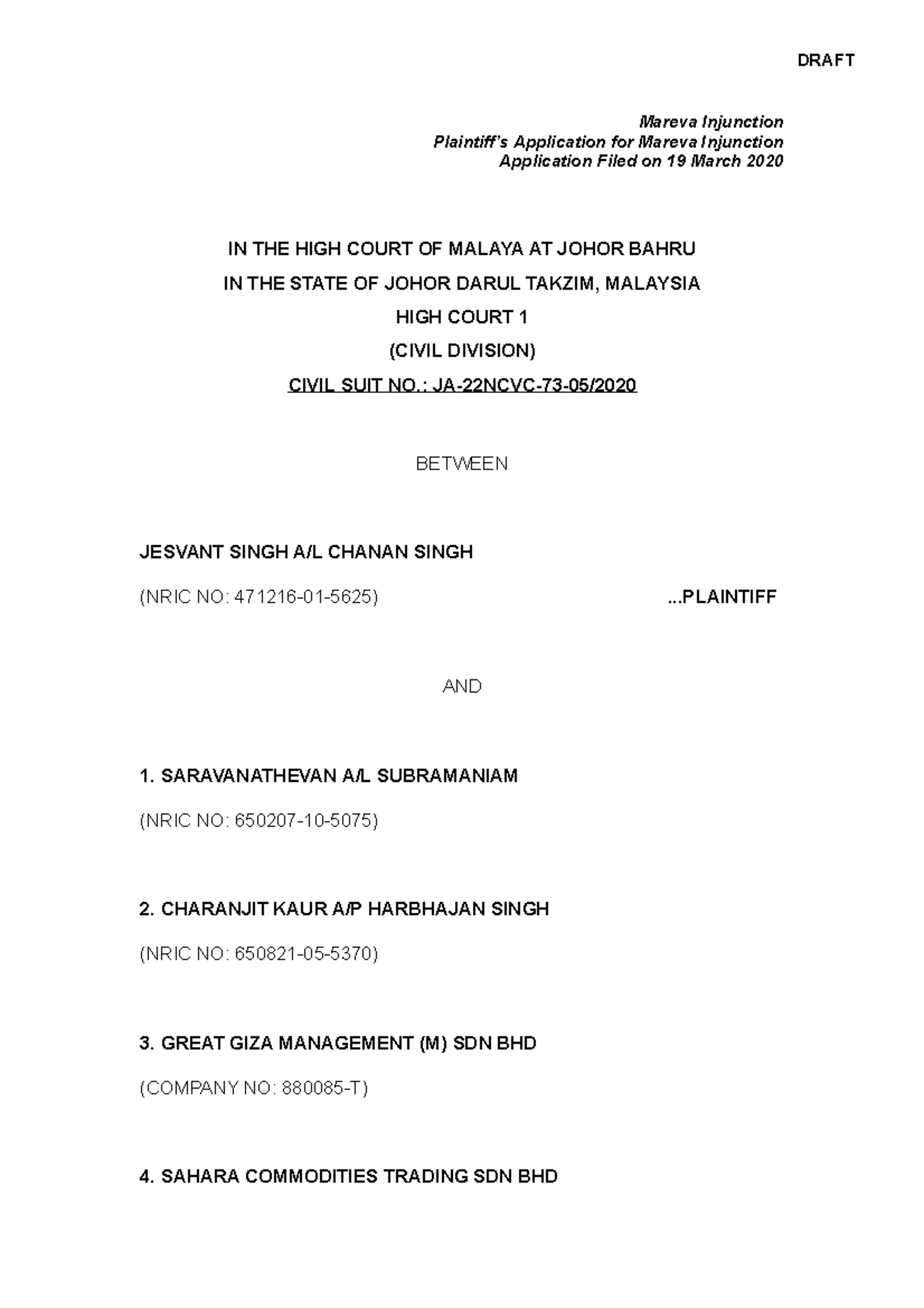 Sample Draft Order Mareva Izzat & CO - Plaintiff’s Application for ...