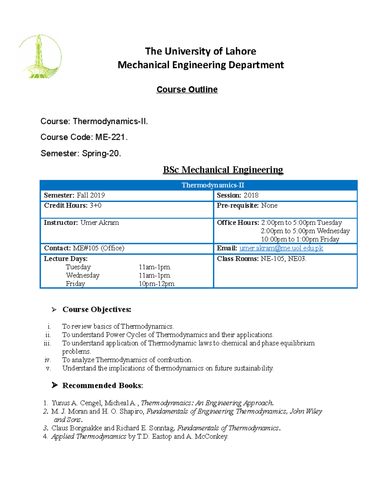 Course Outline Template - The University of Lahore Mechanical ...
