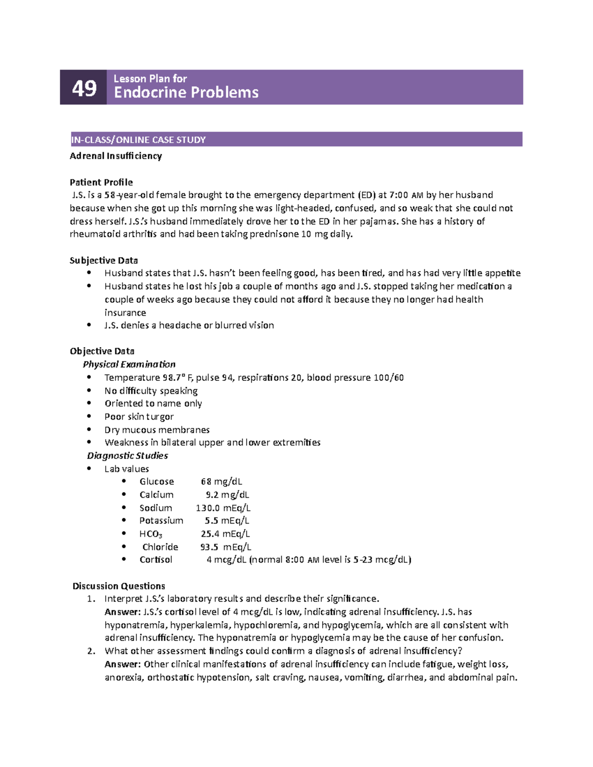 Addisons disease case study- week 1 - 49 Lesson Plan for Endocrine ...