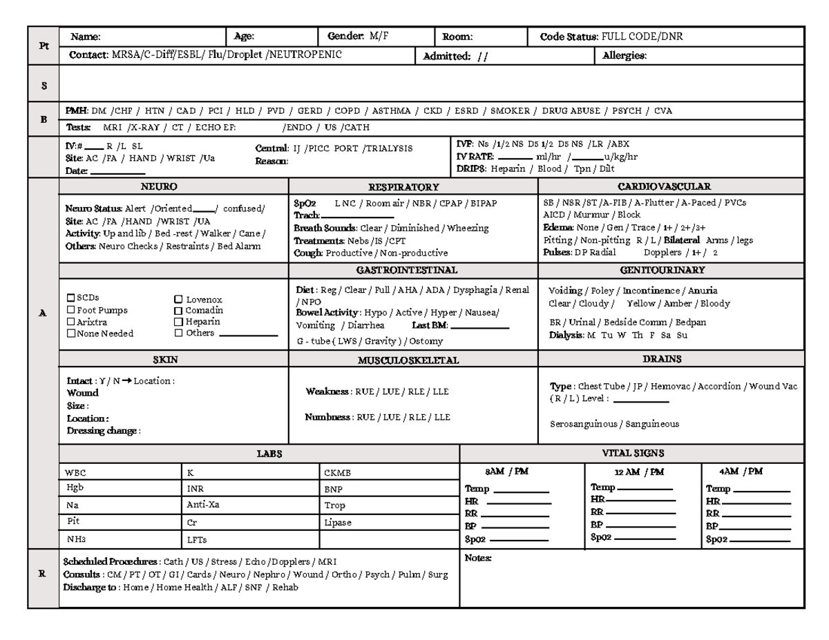 Reportsheet-SBAR - Patient Report sheet - Allergies: Temp HR RR BP Sp Temp HR RR BP Sp Temp HR ...