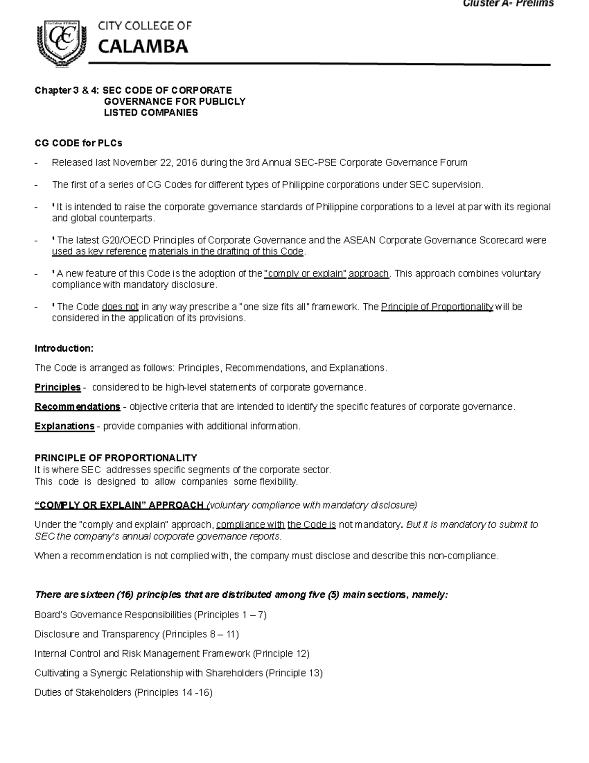 Gbric-Prelim-notes - Chapter 3 & 4: SEC CODE OF CORPORATE GOVERNANCE ...