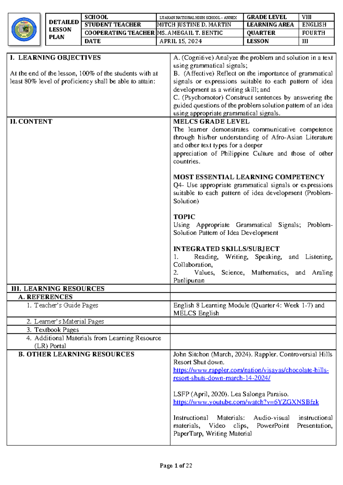 GRAMMATICAL SIGNALS (Problem-Solution) DLP - DETAILED LESSON PLAN ...