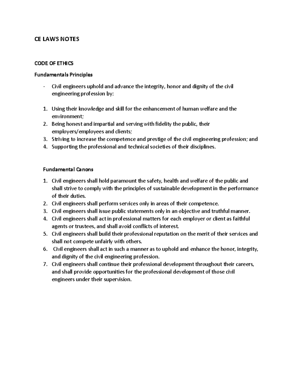 CE LAWS Notes - CE LAWS NOTES CODE OF ETHICS Fundamentals Principles ...