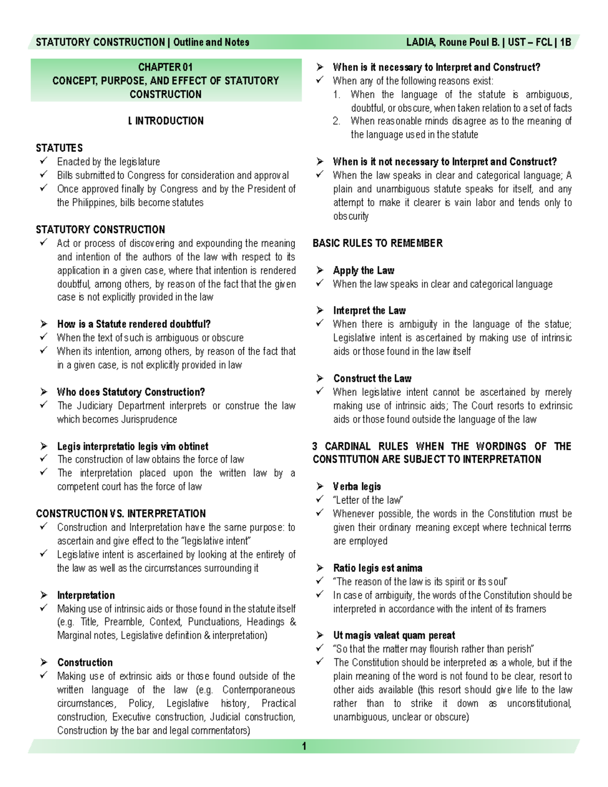 Statutory Construction Outline and Notes Final - CHAPTER 01 CONCEPT ...