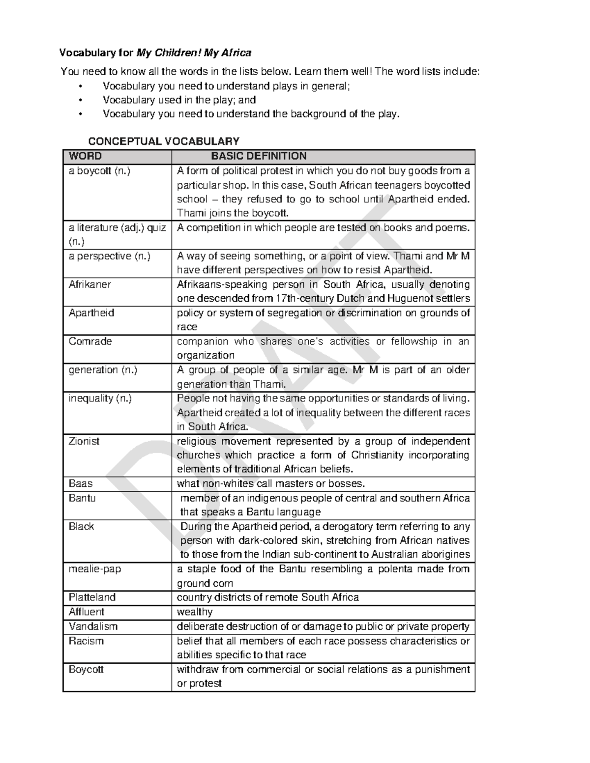 MTG MCMA Summary - Vocabulary for My Children! My Africa You need to ...