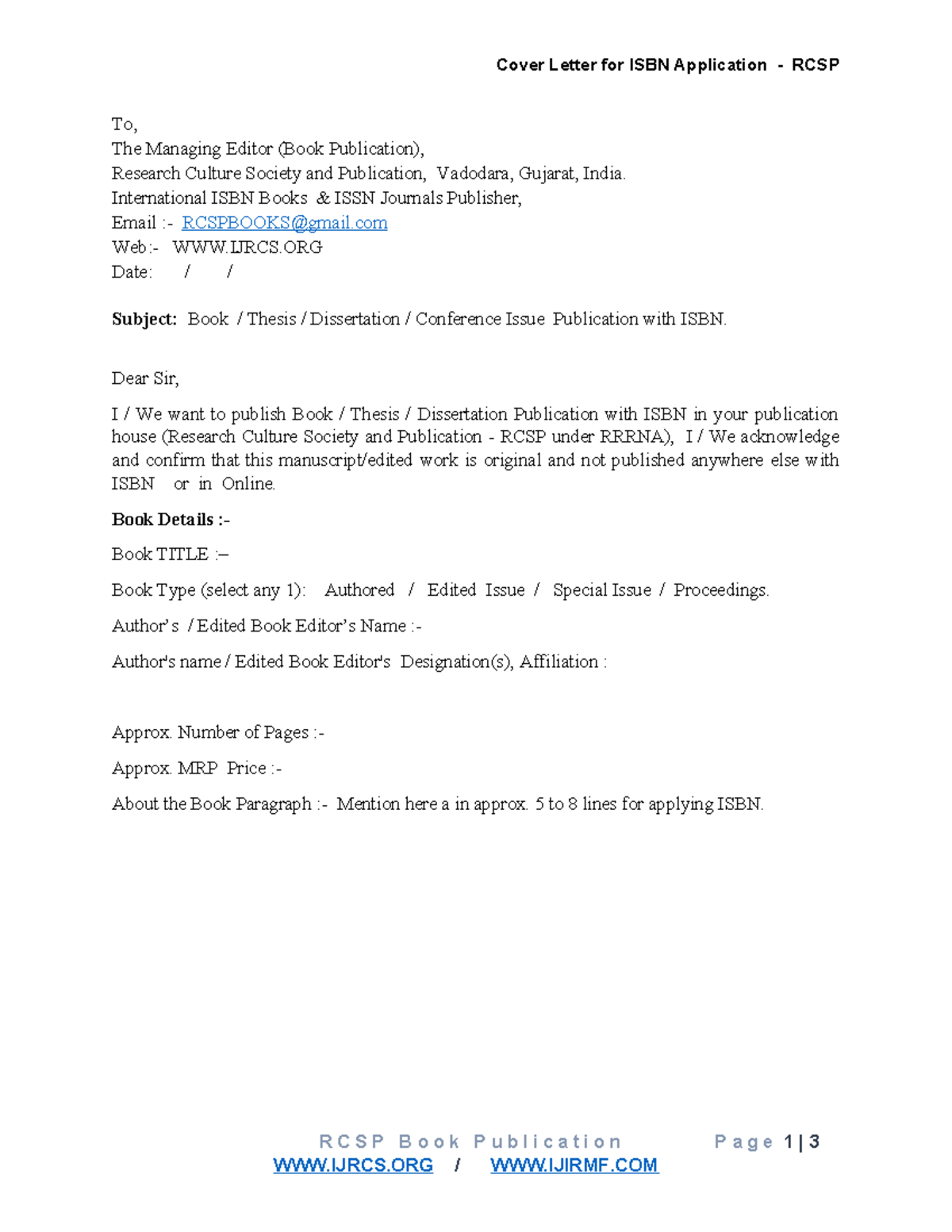 Cover Letter RCSP BOOK Publication - Cover Letter for ISBN Application - RCSP To, The Managing ...