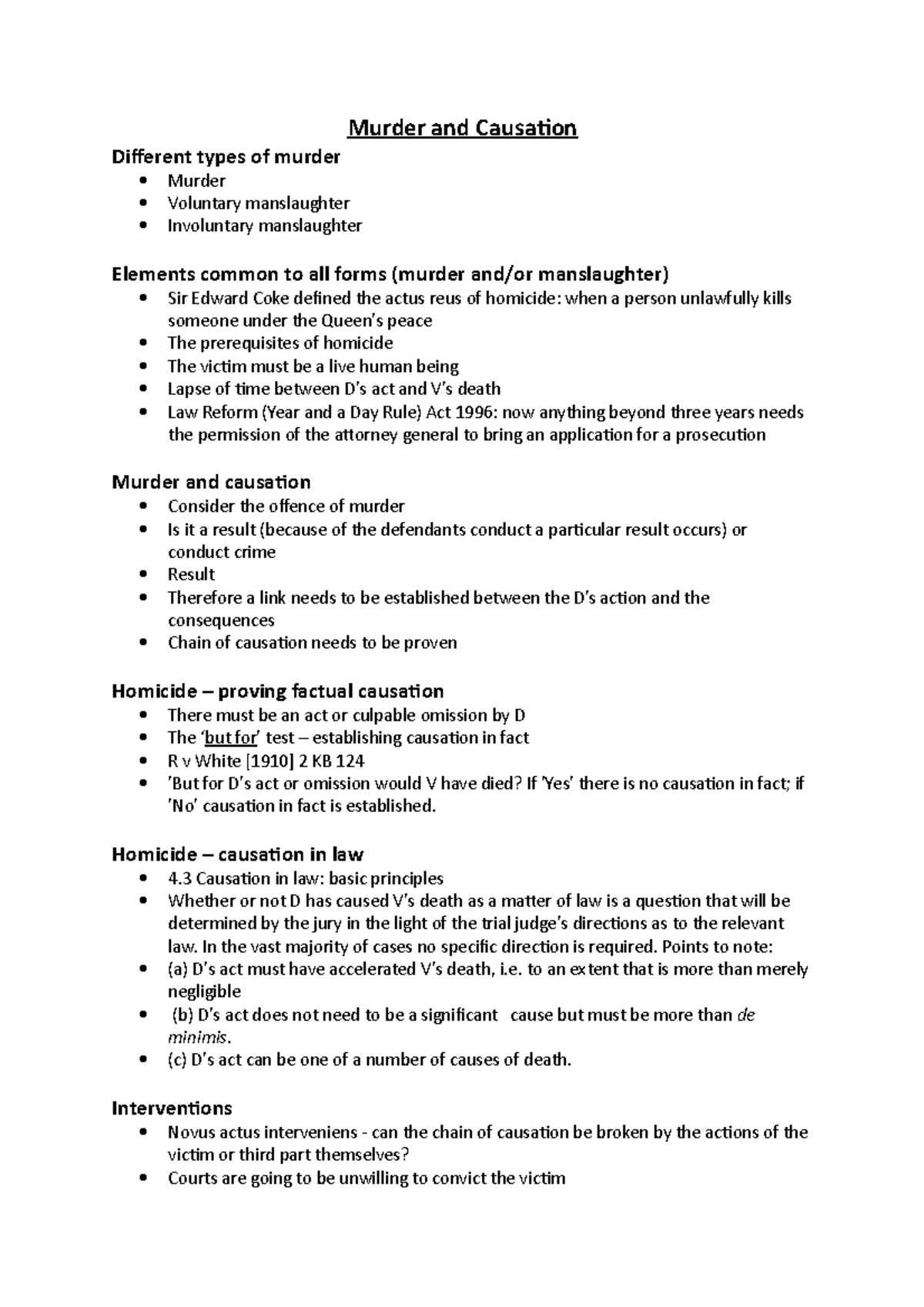 Murder and Causation notes - Murder and Causaion Diferent types of ...