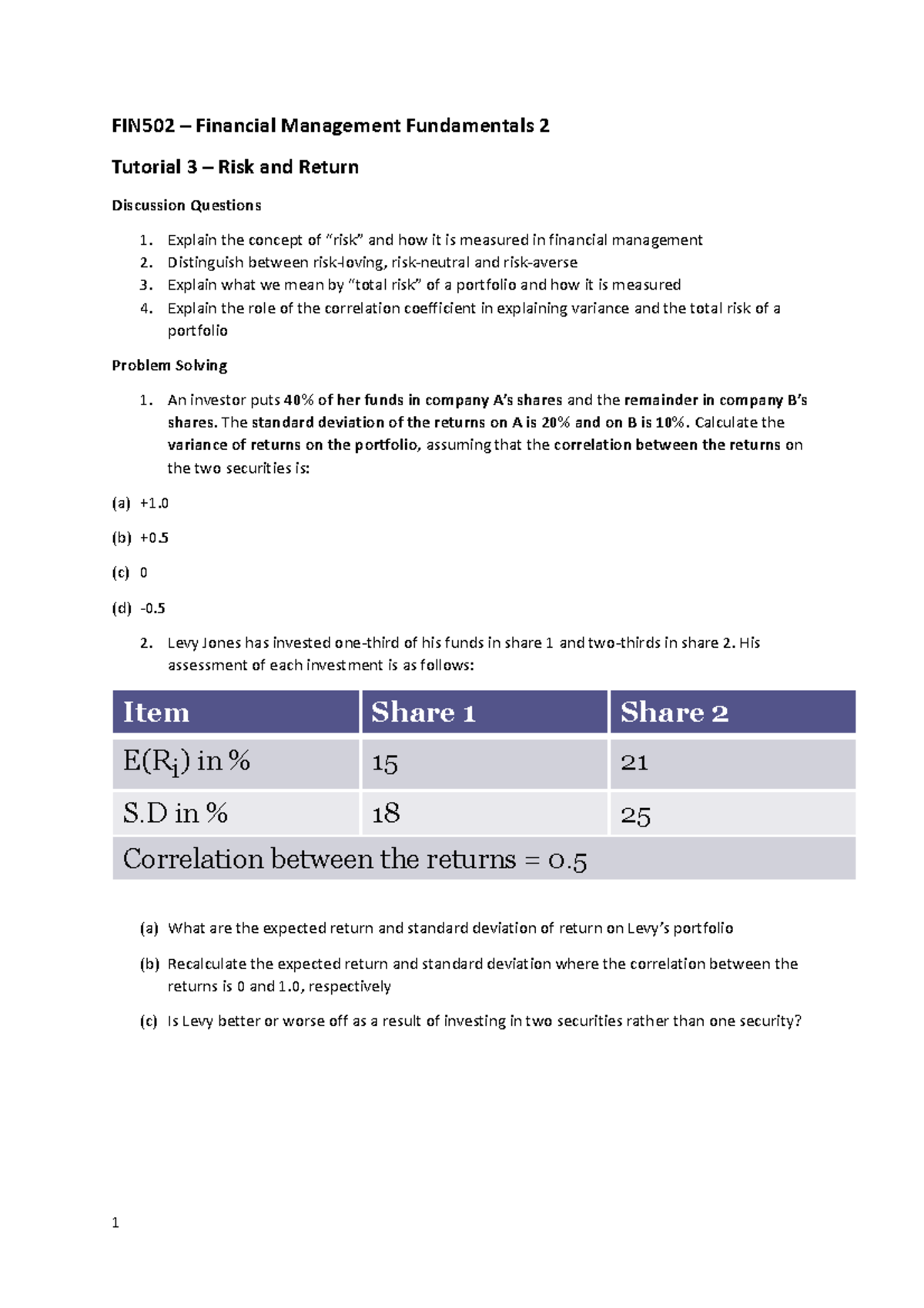 Tutorial 3 Questions - FIN502 – Financial Management Fundamentals 2 ...