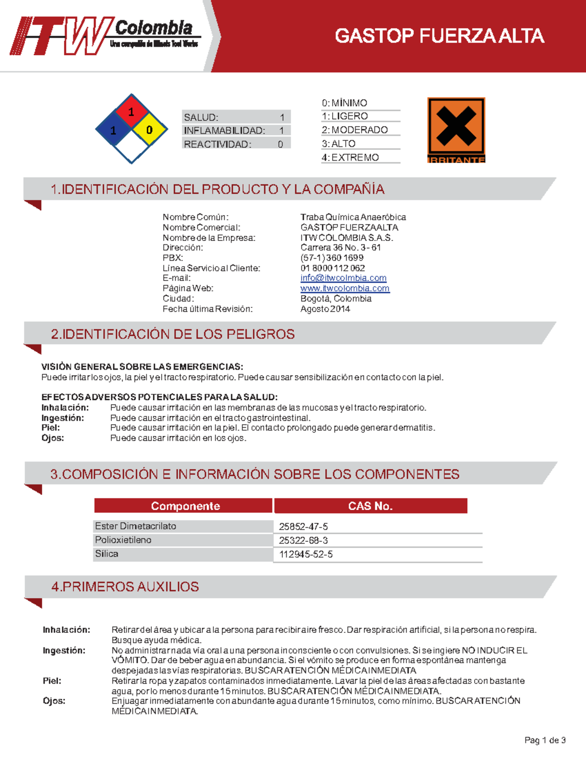 HOJA DE Seguridad Gastop Fuerza ALTA - Nombre Común: Traba Química ...