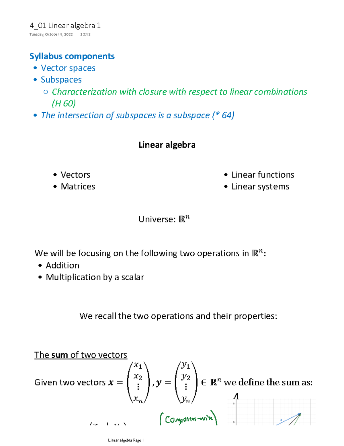 Linear algebra Part 1 - Syllabus components - Vector spaces Subspaces Characterization with ...