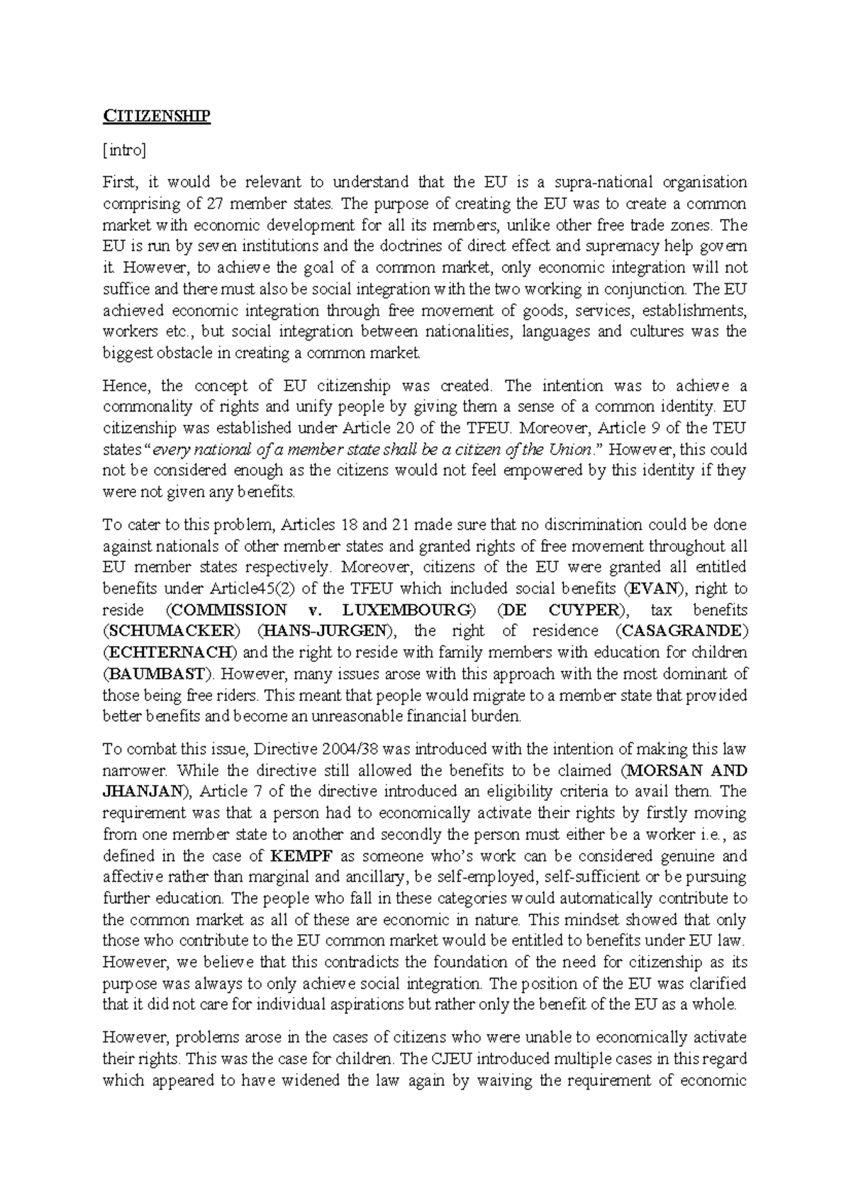 Citizenship - Essay - CITIZENSHIP [intro] First, it would be relevant ...