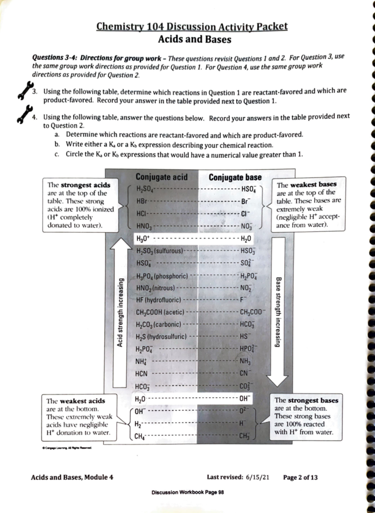 Module 4: Acids and Bases - Chemistry 104 Di scussion Acti vi ty Packet ...