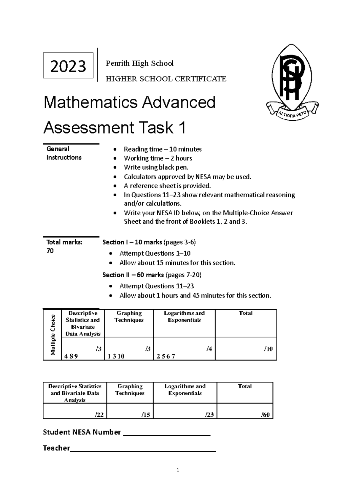 2023-24 HSC Advanced Task 1 - Mathematics Advanced Assessment Task 1 ...