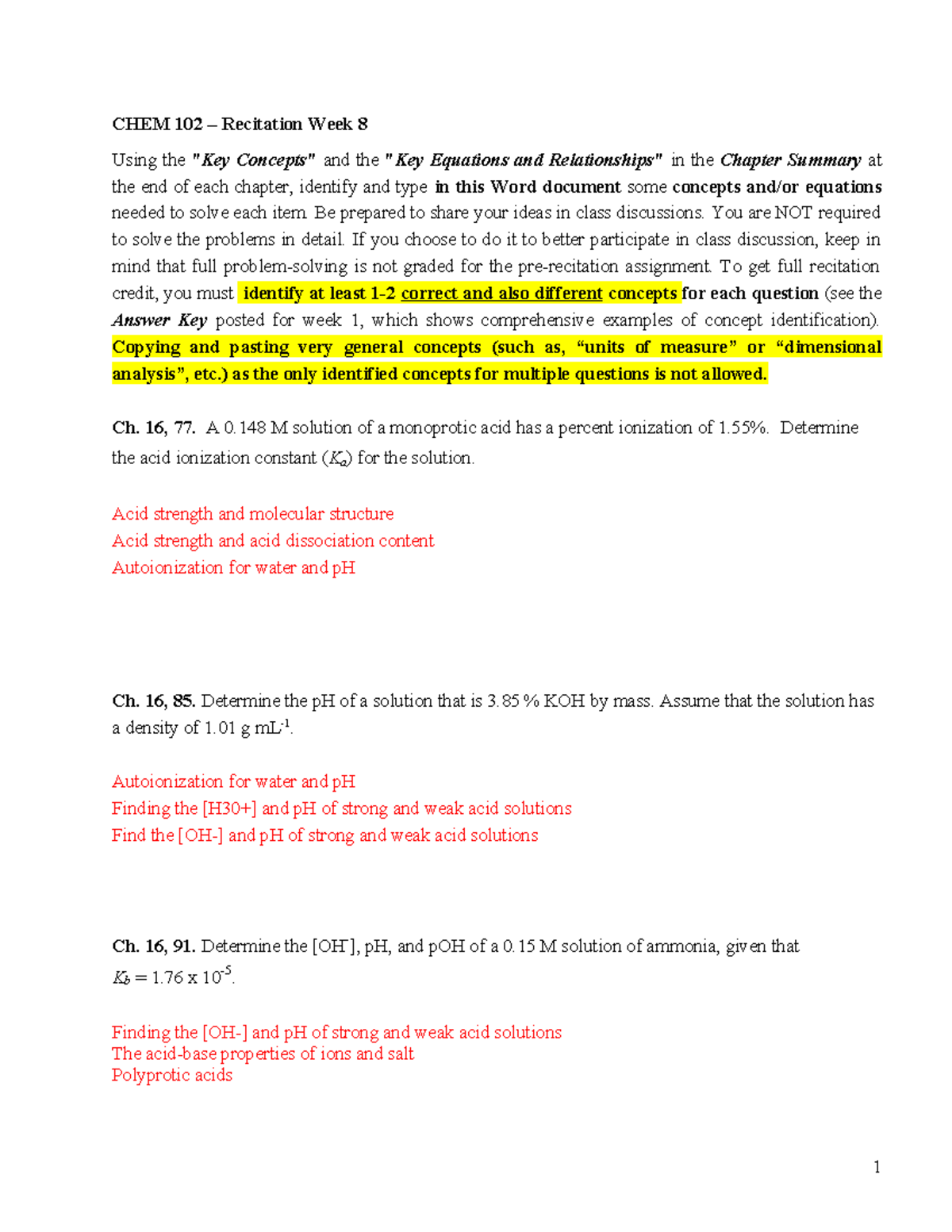 CHEM 102 Recitation Week 8 W23 - CHEM 102 – Recitation Week 8 Using the "Key Concepts" and - Studocu