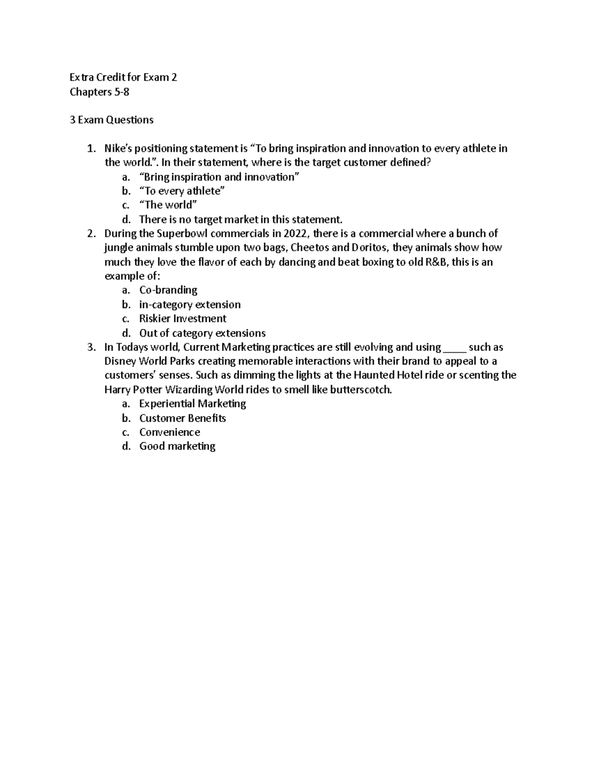 Marketing Extra Credit Exam 2 - Extra Credit for Exam 2 Chapters 5- 3 ...