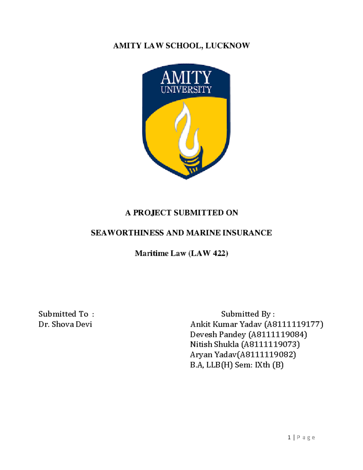 Assignment on Marine Insurance - AMITY LAW SCHOOL, LUCKNOW A PROJECT ...