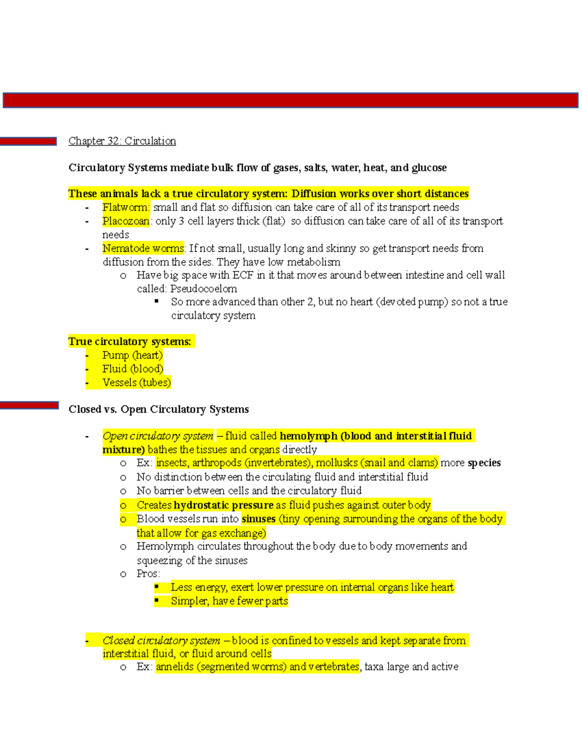 Circulation - Lecture notes 32 - Chapter 32: Circulation Circulatory ...