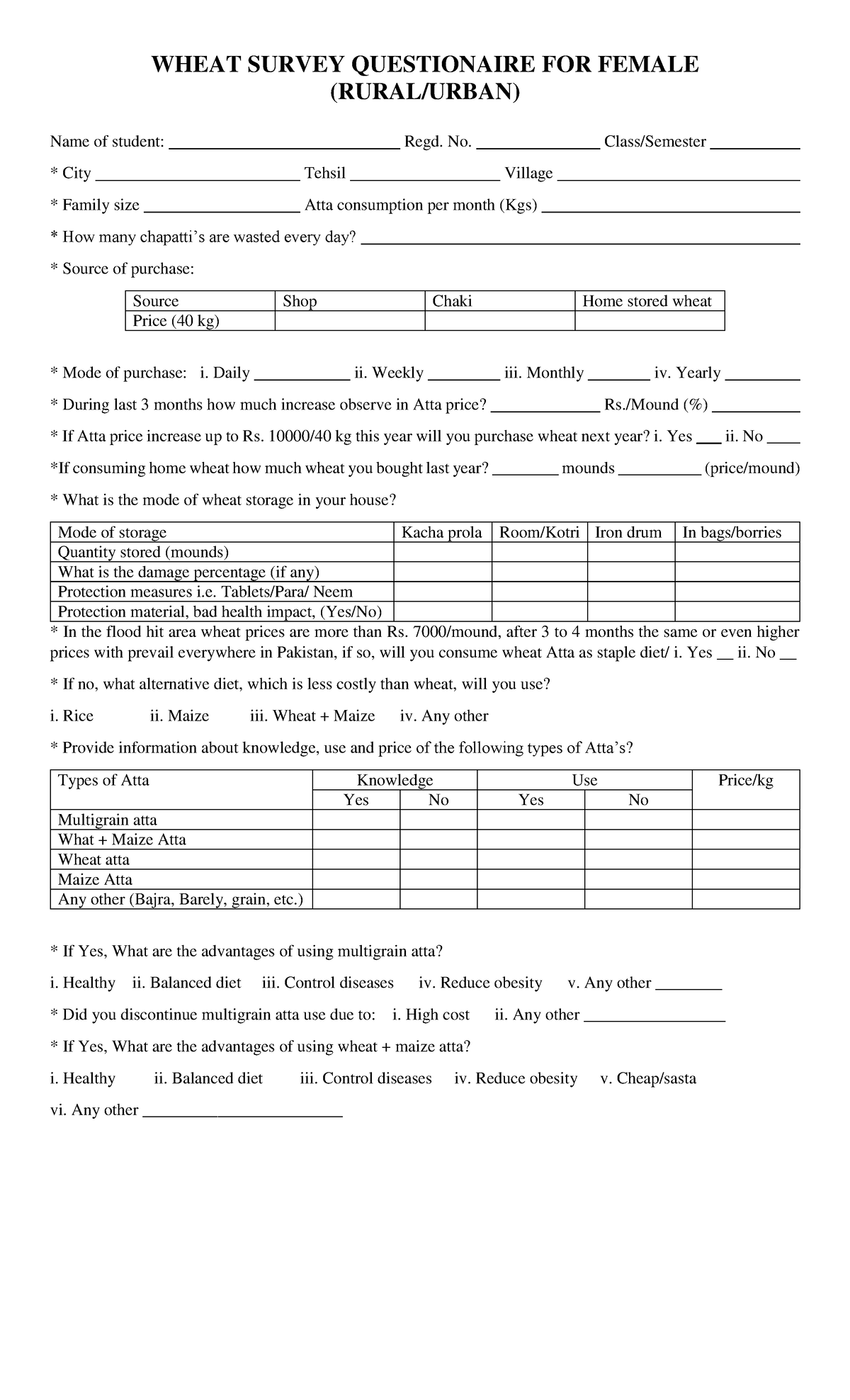 Wheat Survey Questionnaire for Female (Rural-Urban) - WHEAT SURVEY ...