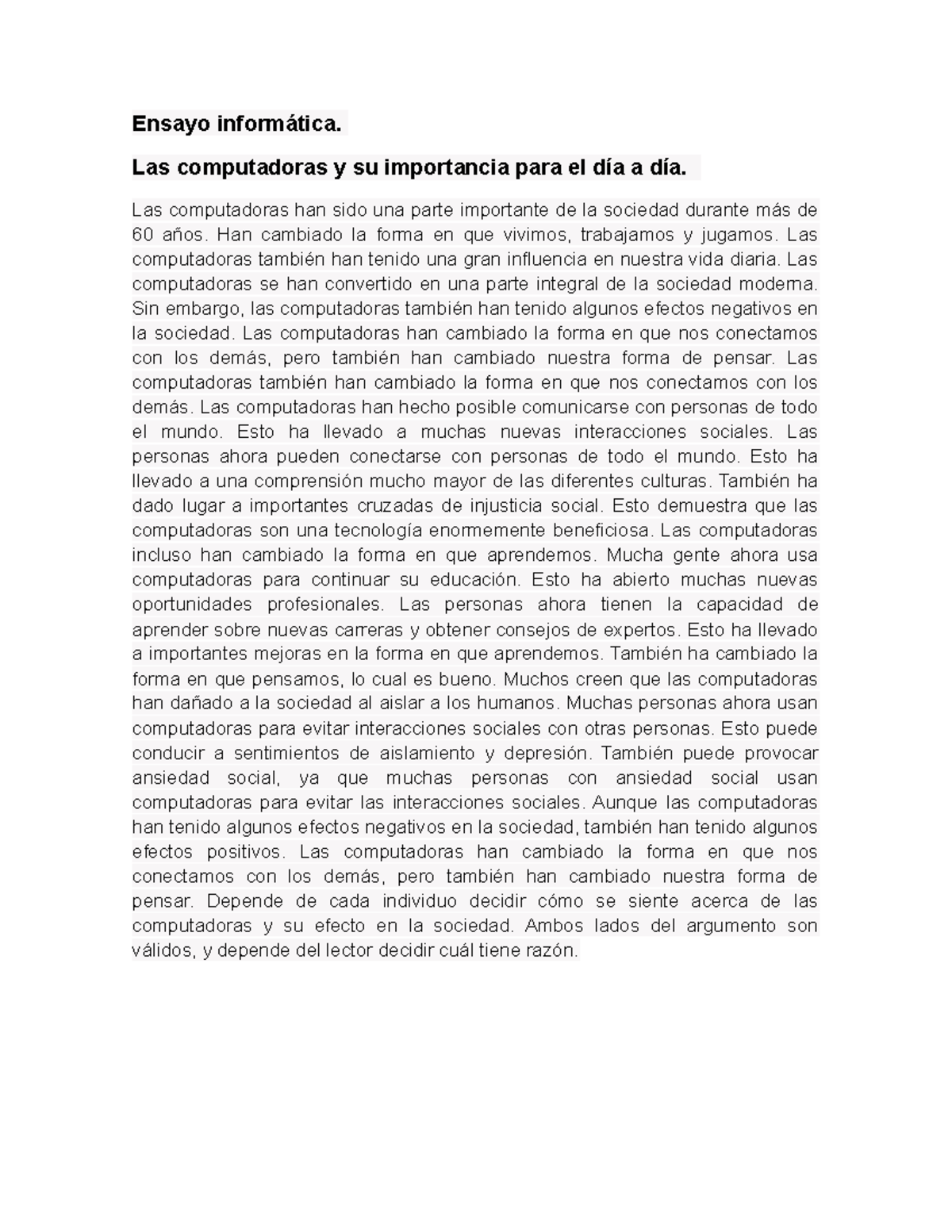 Ensayo informática - Las computadoras y su importancia para el día a ...