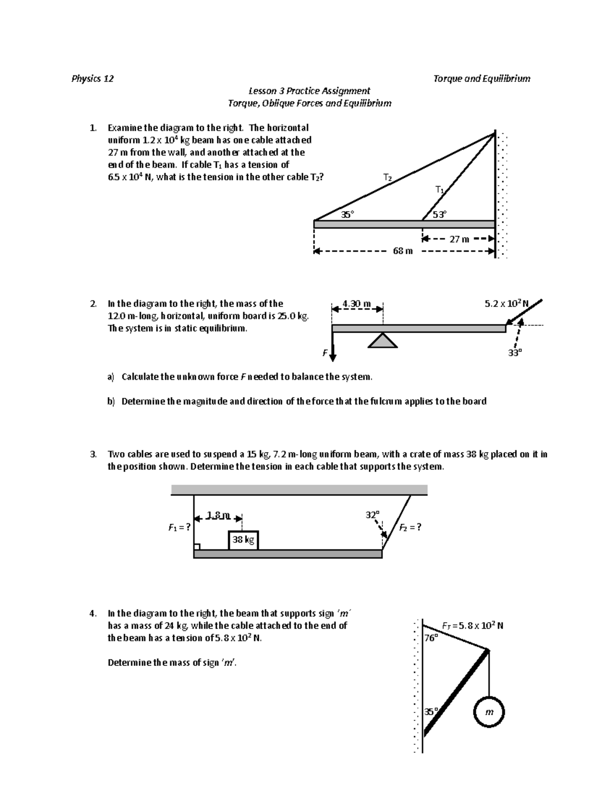 Assignment - 5 - Physics - 12 - Physics 12 Torque and Equilibrium ...