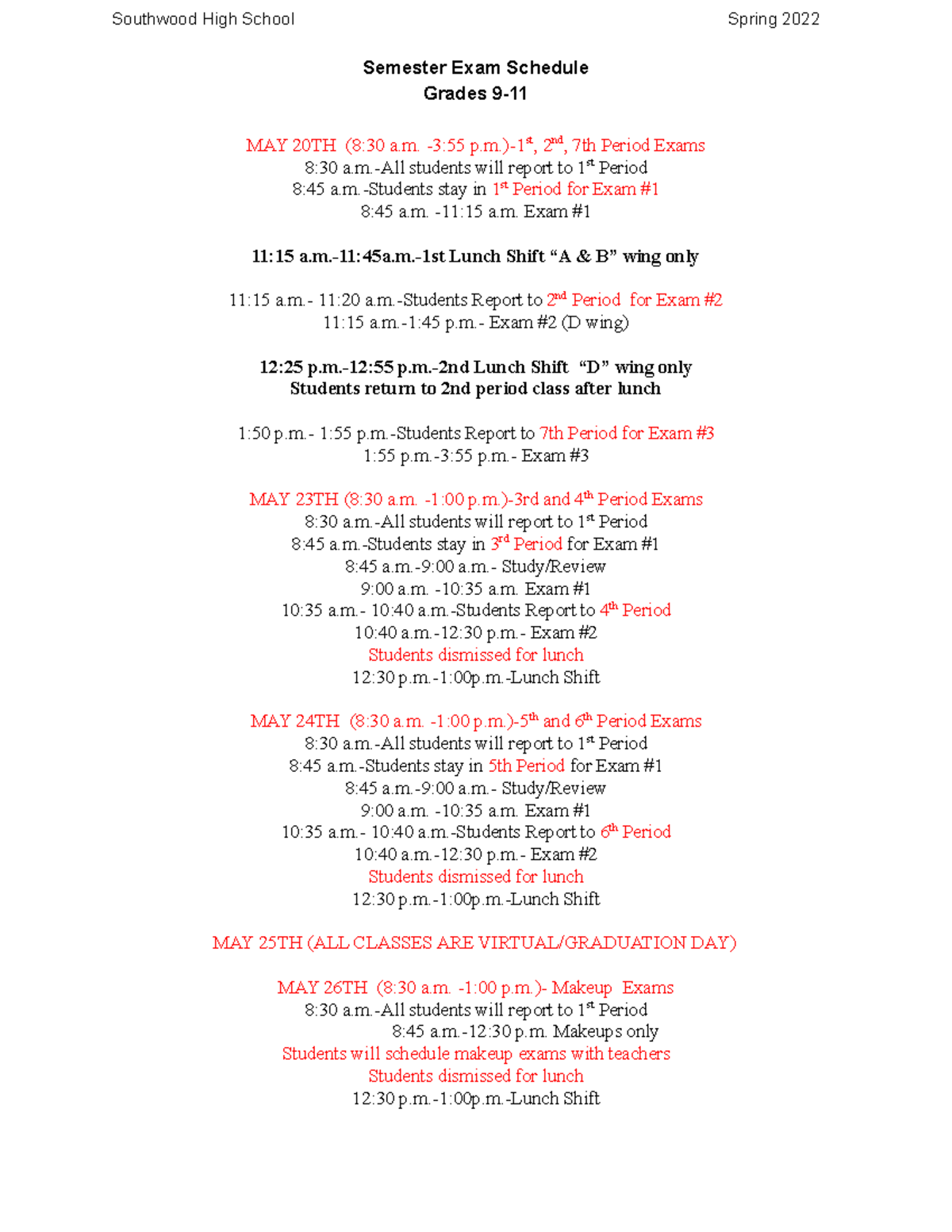 Spring 2022 Semester Exam Schedule - Southwood High School Spring 2022 ...