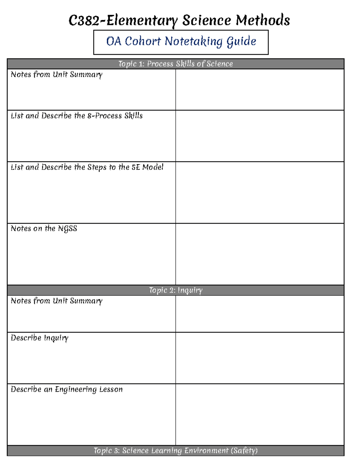 C382 Science Methods Note Taking Sheet for Cohort - C382-Elementary ...