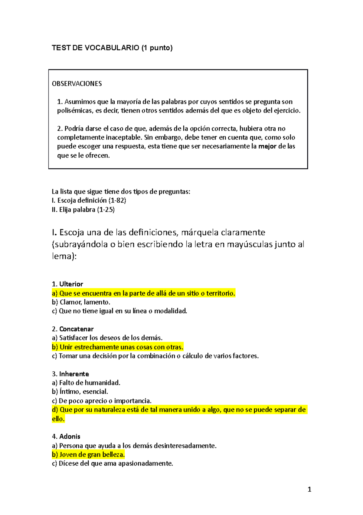 Vocabulario respuestas - TEST DE VOCABULARIO (1 punto) OBSERVACIONES ...